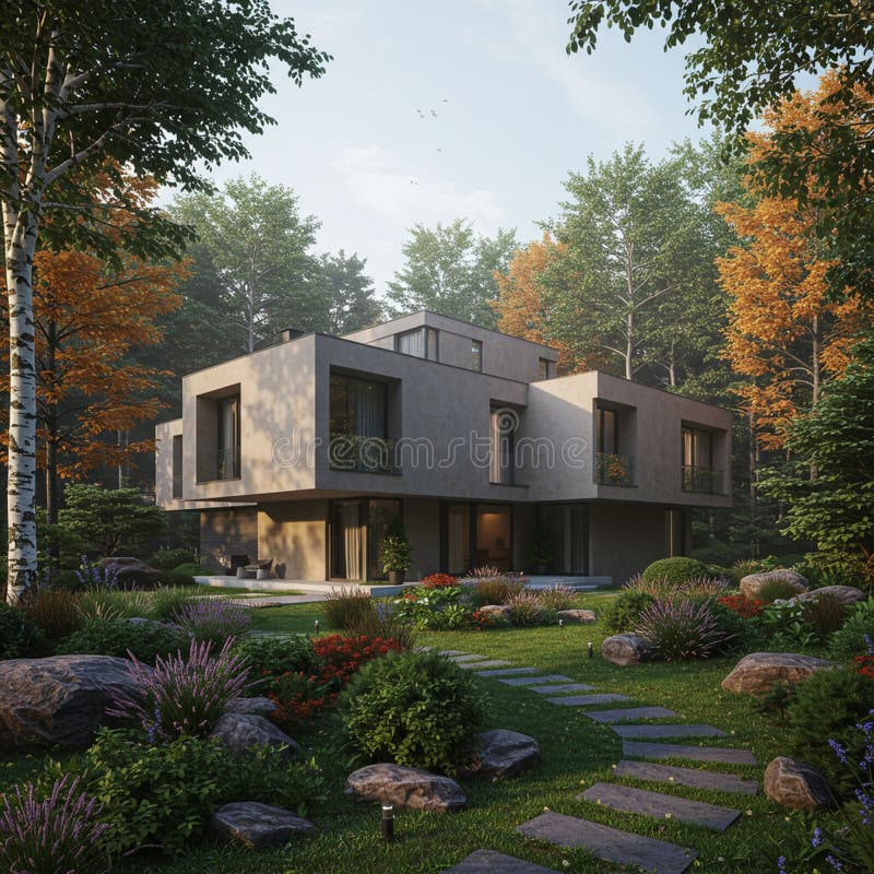 Modern, Boxy Concrete House Set in a Lush, Landscaped Garden. the ...