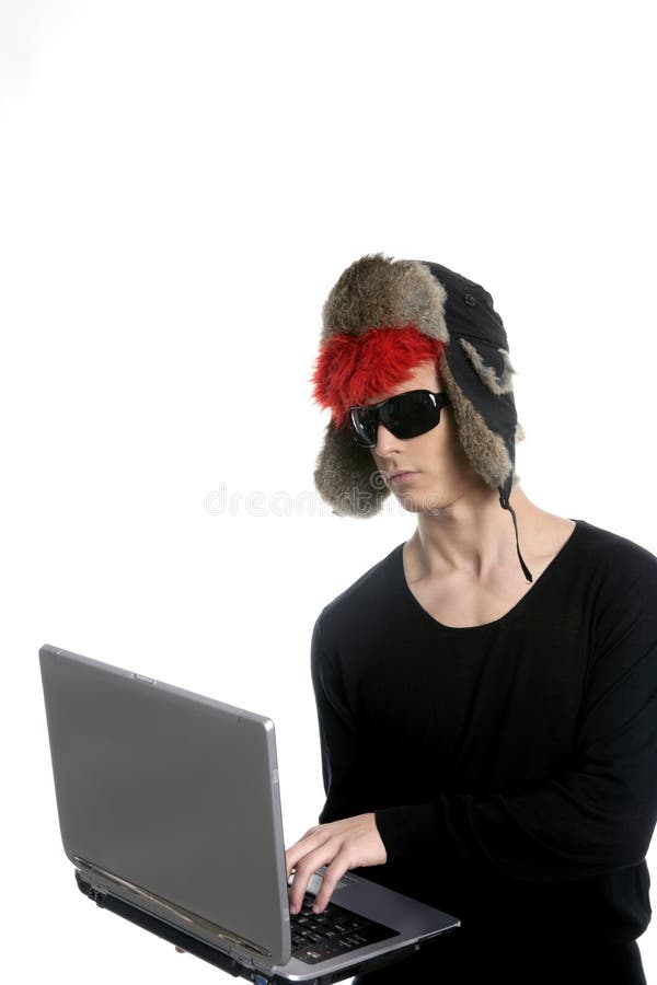 Modern Boy Student with Winter Hat and Laptop Stock Photo - Image of ...