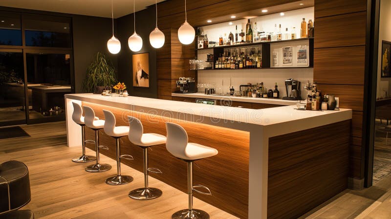 A Modern Breakfast Bar Styled with Clean White Stools and Soft Stock ...