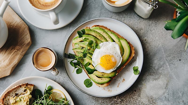 Modern Breakfast Setup with Avocado Toast and Poached Egg Stock ...