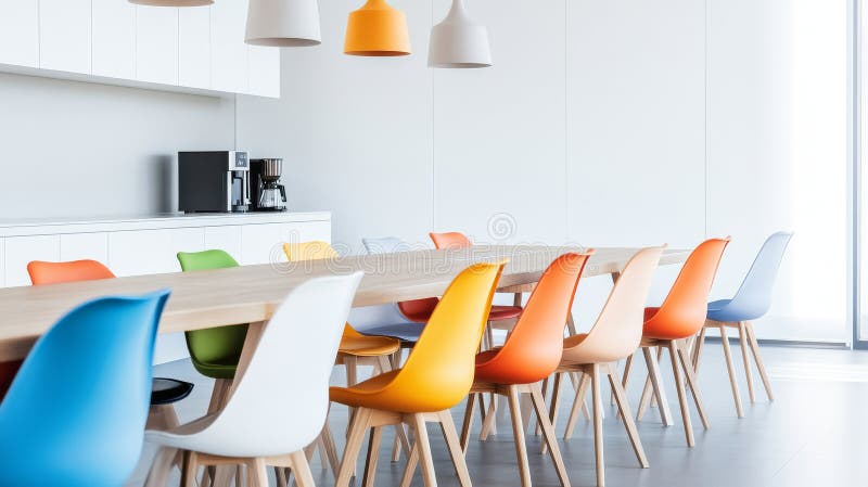 Modern Breakroom Featuring Long Communal Table Surrounded by Colorful ...
