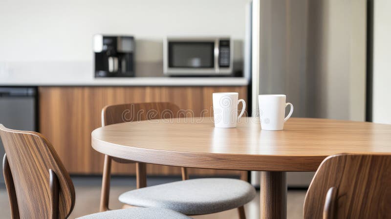 Modern Breakroom Interior with Wooden Round Table, Stackable Chairs ...