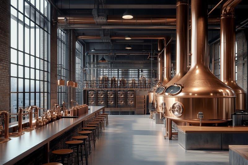 A Modern Brewery Interior Featuring Large Copper Fermentation Tanks ...