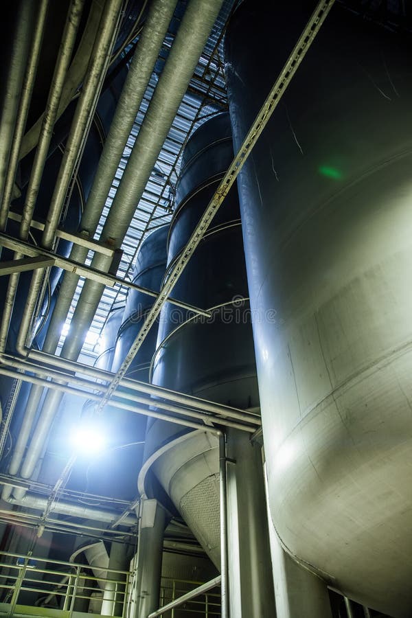 Modern Brewery Production Line. Large Vats for Beer Fermentation and ...