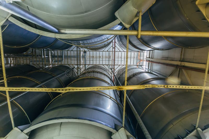 Modern Brewery Production Line. Large Vats for Beer Fermentation and ...