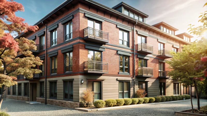 Modern Brick Apartment Building with Balconies and Trees Stock ...