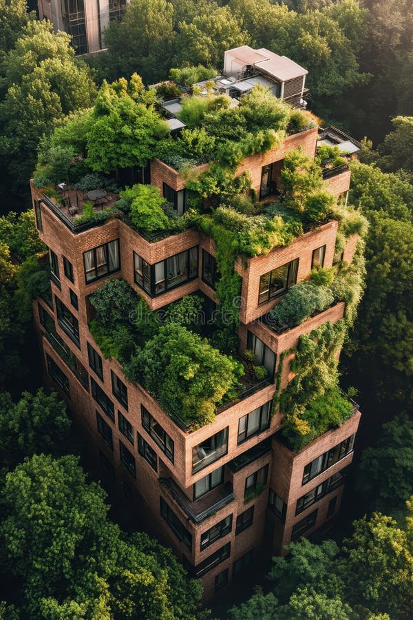Modern Brick Building Covered in Lush Green Plants and Trees with Many ...