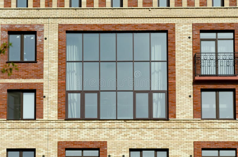 Modern Brick Building Facade with Large Panoramic Window Design Stock ...