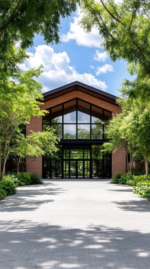 Modern Brick Building with Glass Facade Surrounded by Trees on Sunny ...