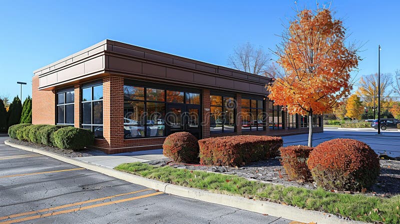 A Modern Brick Building with Large Windows, a Paved Parking Lot, and a ...