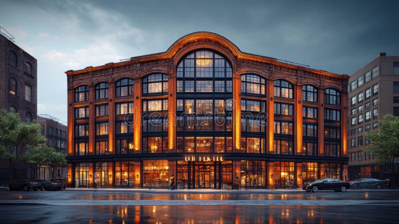 A Modern Brick Building with Large Windows and Warm Lighting at Dusk ...