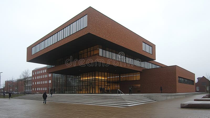 Modern Brick Building with Layered Design, Featuring Large Windows and ...