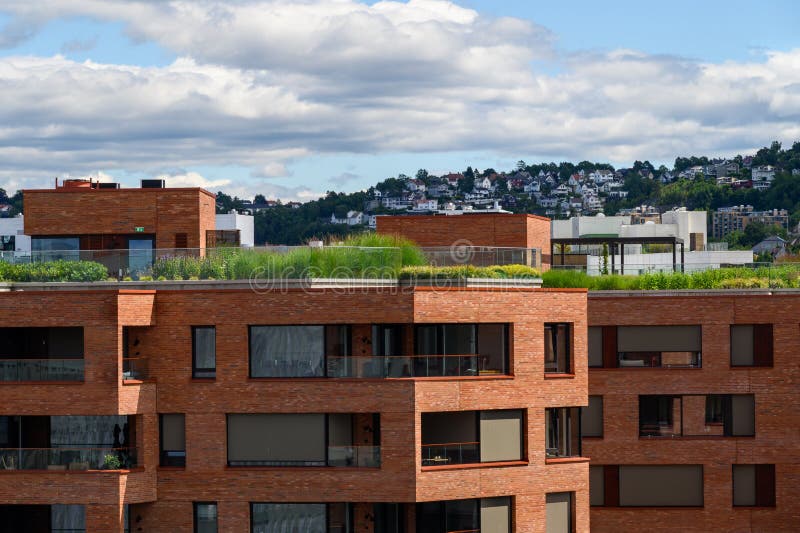 Modern Brick Building with Rooftop Garden, Oslo, Norway Stock Photo ...
