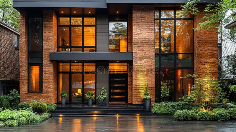 Modern Brick Home Exterior, Warm Lighting, Elegant Facade Stock ...