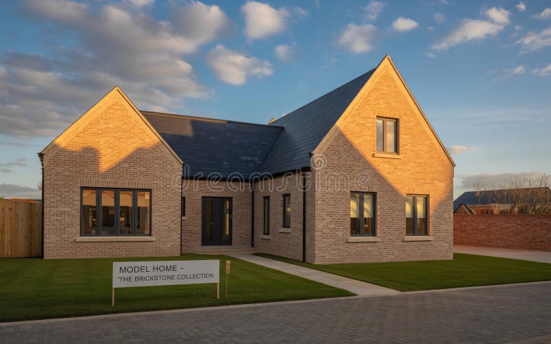 Modern Brick Home with Dual Roof Design Stock Illustration ...