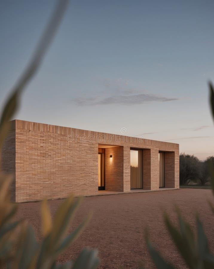 Modern Brick House with Warm Lighting at Dusk. Stock Photo - Image of ...
