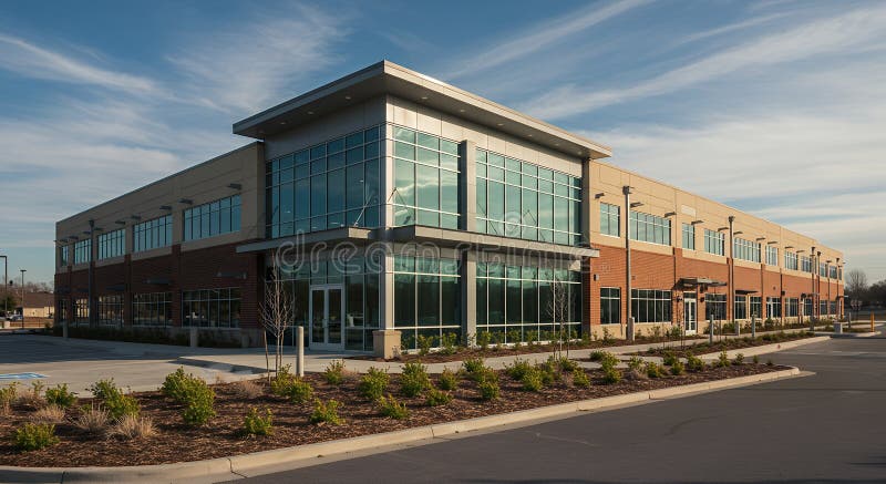Modern Brick Office Building with Glass Facade & Landscaping Stock ...