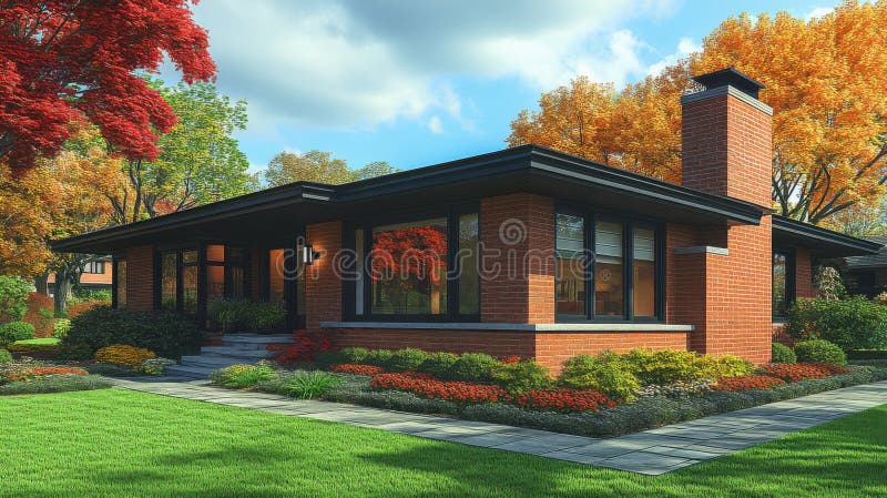 Modern Brick Ranch House with Autumn Landscaping Stock Photo - Image of ...