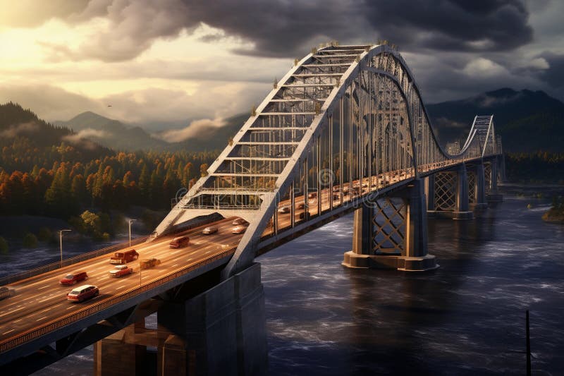 A Modern Bridge Across the River Stock Illustration - Illustration of ...