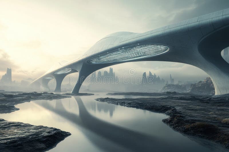 Futuristic Bridge Spanning a Serene Landscape at Dawn with Ethereal ...