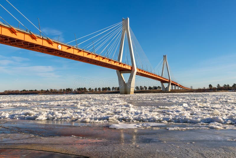 Modern Bridge Over the Frozen River Stock Image - Image of glacial ...