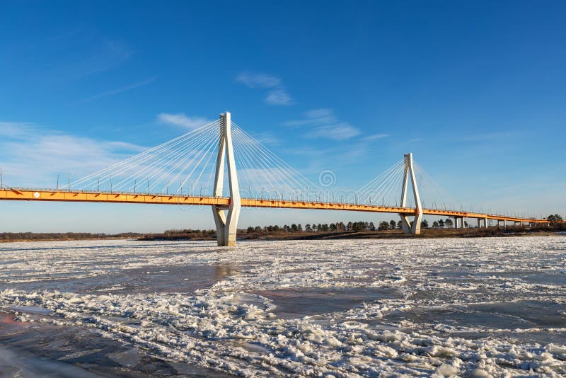 Modern Bridge Over the Frozen River Stock Image - Image of railway ...