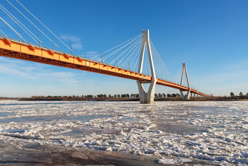 Modern Bridge Over the Frozen River Stock Image - Image of outdoor ...