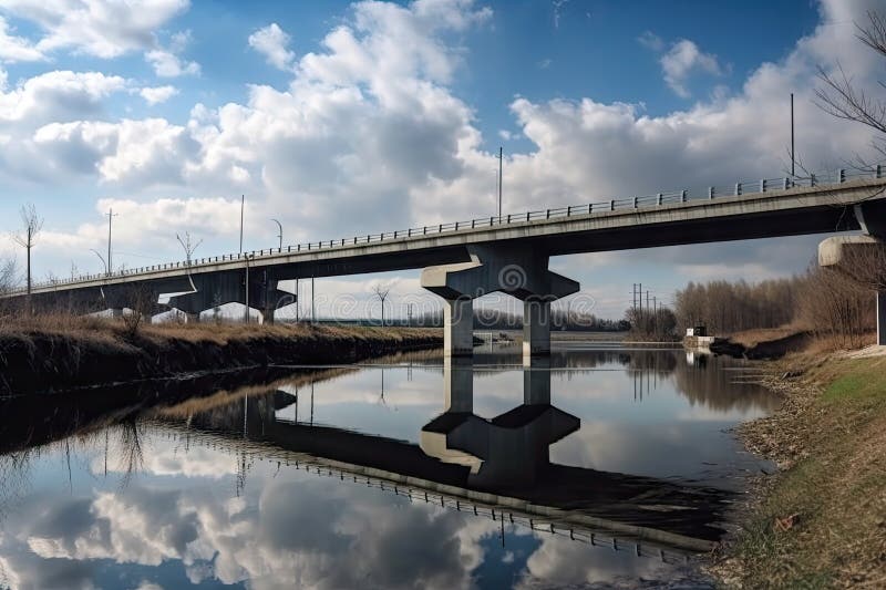 Modern Bridge Over Water Channel with Reflections of the Sky and Clouds ...