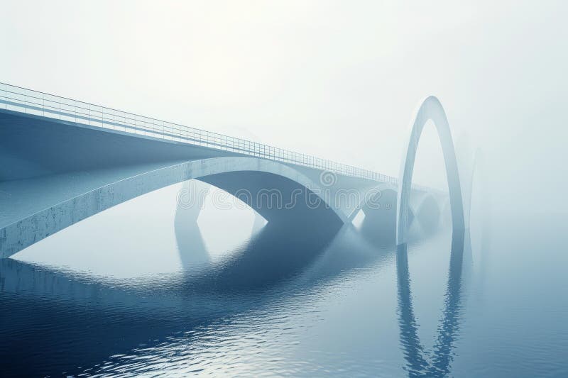 Modern Bridge Structure Spanning Water with Foggy Sky Stock Image ...
