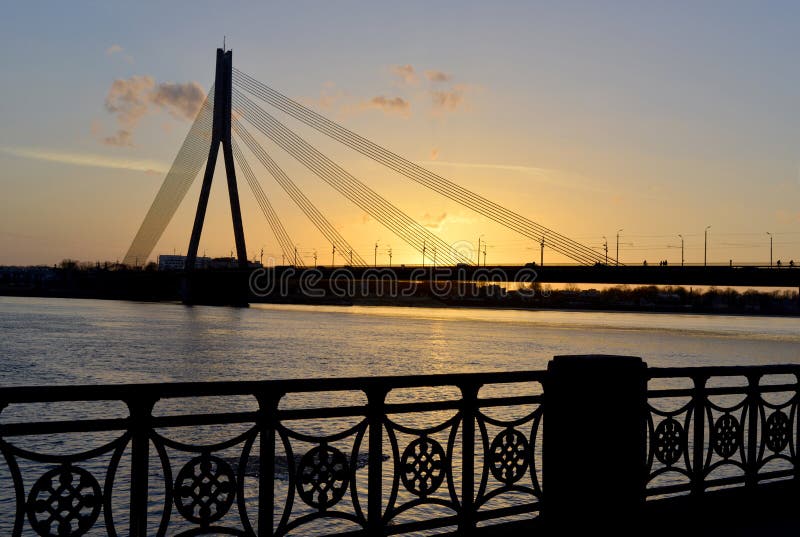 Modern bridge at sunset stock image. Image of blue, riga - 33597919