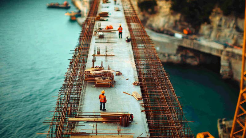 A Modern Bridge Under Construction, with Workers Placing Steel Beams ...