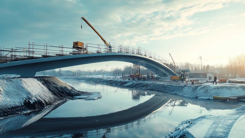 A Modern Bridge Under Construction, with Workers Placing Steel Beams ...