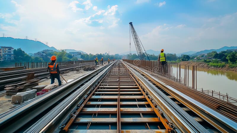 A Modern Bridge Under Construction, with Workers Placing Steel Beams ...