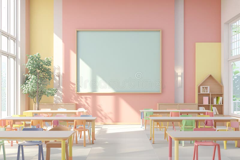 Modern Bright Class Room with Tables, Chairs and Chalkboard Stock ...