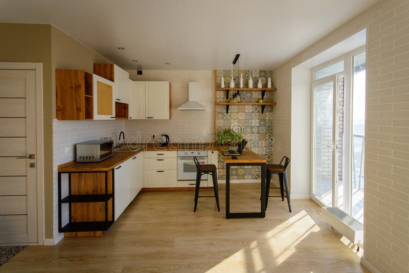 Modern, Bright, Clean, Kitchen Interior with Panoramic Balcony. Stock ...