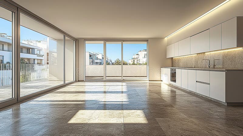Modern, Bright, Empty Apartment Interior with Large Windows, Showcasing ...