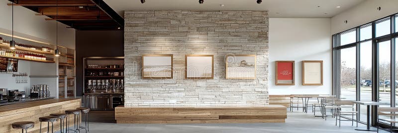Modern, Bright, and Empty Restaurant Interior with Stone Accent Wall ...