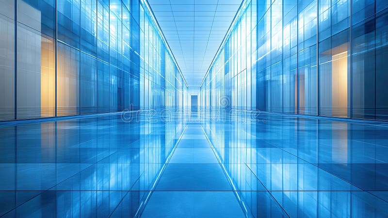 Modern, Bright, Glass-walled Hallway, Reflecting the Azure Sky. Empty ...