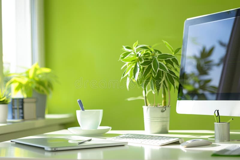 Modern Bright Green Office with Work Desk and Computer Screen AI ...