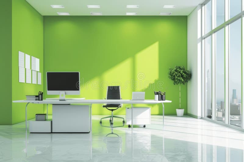 Modern Bright Green Office with Work Desk and Computer Screen AI ...