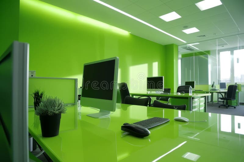 Modern Bright Green Office with Work Desk and Computer Screen AI ...