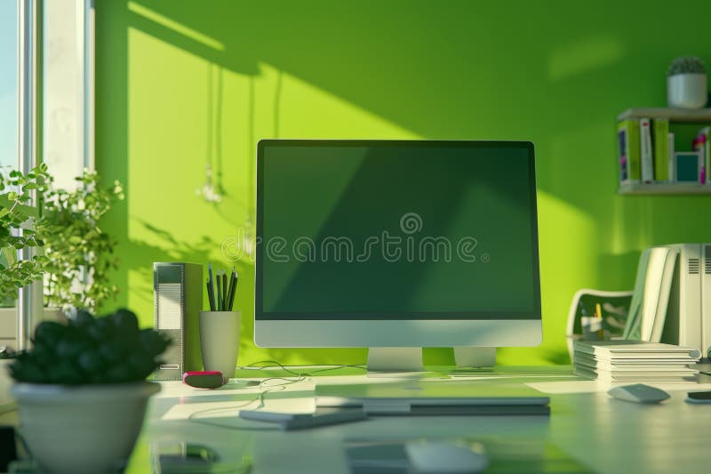 Modern Bright Green Office with Work Desk and Computer Screen AI ...