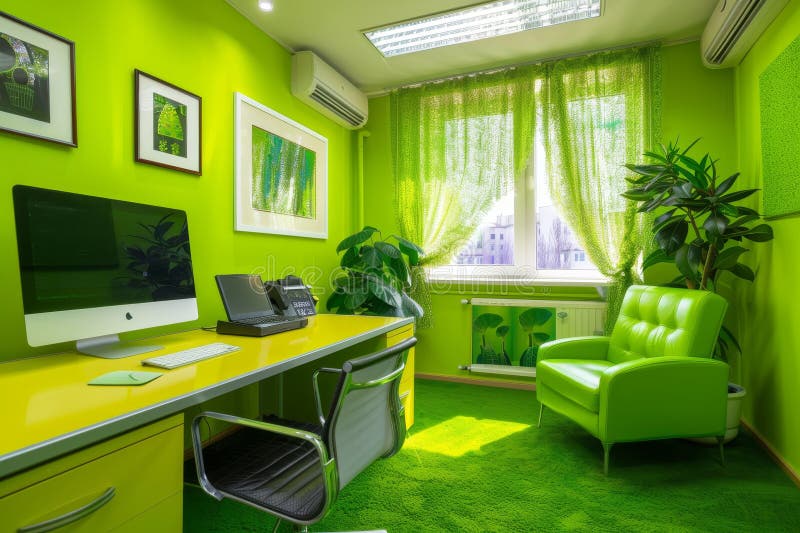 Modern Bright Green Office with Work Desk and Computer Screen AI ...