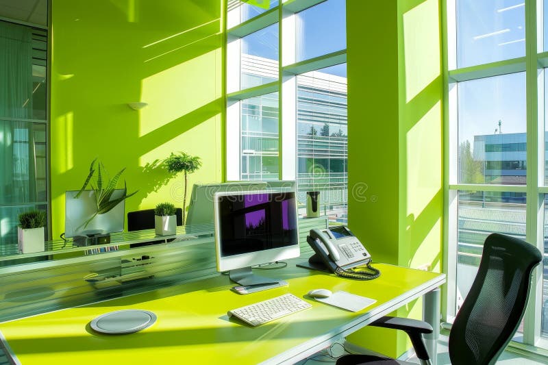 Modern Bright Green Office with Work Desk and Computer Screen AI ...