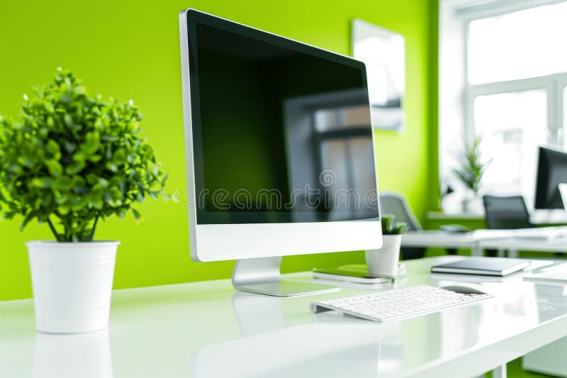 Modern Bright Green Office with Work Desk and Computer Screen AI ...