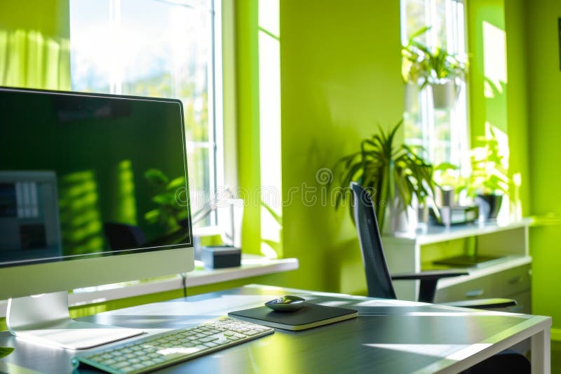 Modern Bright Green Office with Work Desk and Computer Screen AI ...