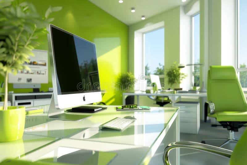 Modern Bright Green Office with Work Desk and Computer Screen AI ...