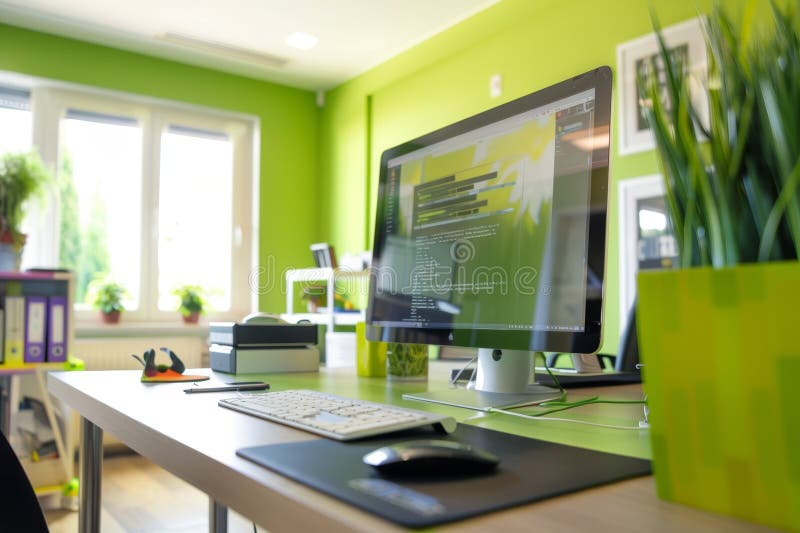 Modern Bright Green Office with Work Desk and Computer Screen AI ...