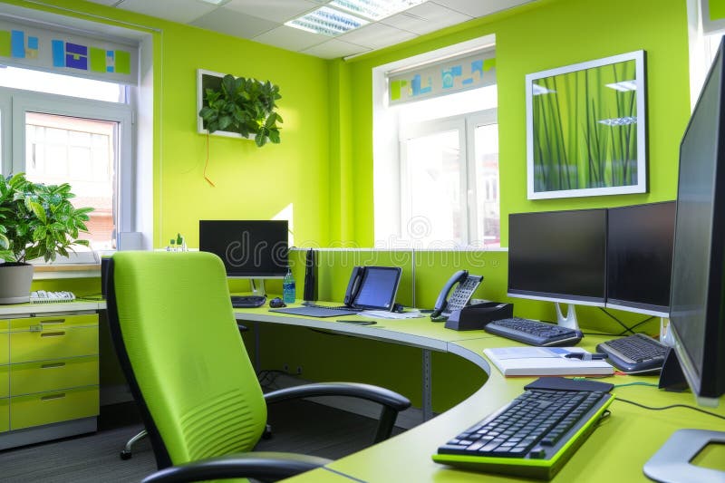 Modern Bright Green Office with Work Desk and Computer Screen AI ...
