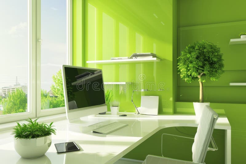 Modern Bright Green Office with Work Desk and Computer Screen AI ...